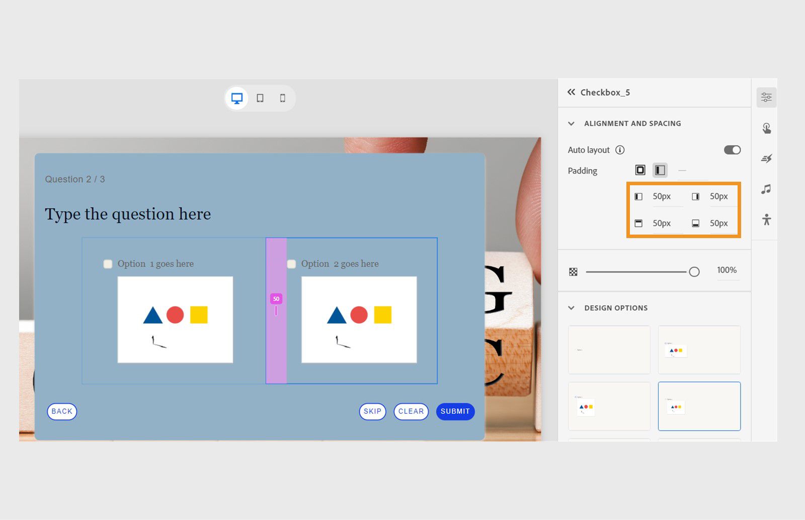 Add padding to content blocks and components in Adobe Captivate
